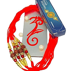 TheNext7 Pack of 4 Rakhi Set for Brother and Sister, Indian Rakhi, Rudraksh with Golden Rings and Pink Beads Rakhi