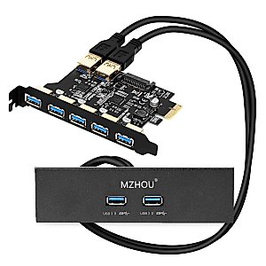 MZHOU 7 Ports PCI-E to USB 3.0 Expasion Card with 19-Pin SATA Power Connector Superspeed up to 5Gbps,and The Front Panel Bay and 1 Power Supply Cables,for Window 7/8/10/XP/Vista