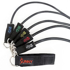 Sunny Health & Fitness Premium Resistance Band Set with Door Anchors, Wrist Straps, Handles & Carry Bag – Exercise Stretch Bands for Strength Training, Muscle Recovery, Yoga and More - NO. 089-COMBO