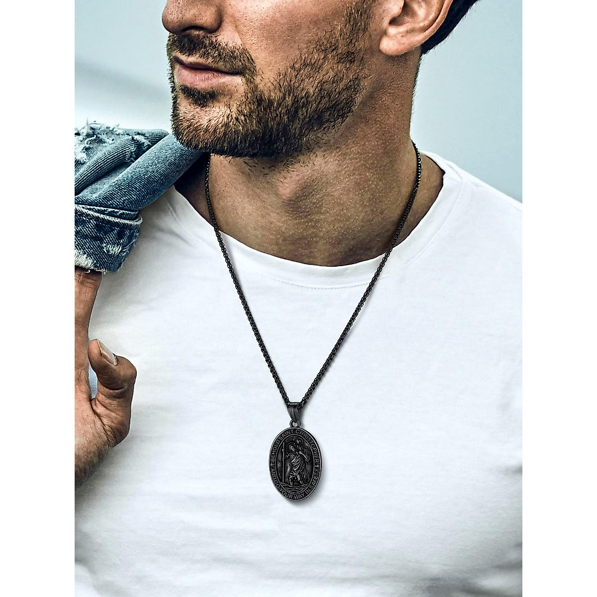 FaithHeart Black St. Christopher Necklace for Men Christian Amulet Jewelry with Stainless Steel Wheat Chain Oval Medal Pendant for Prayer