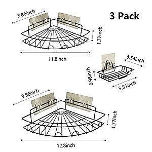 Corner Shower Caddy Basket Rack Stainless Steel with Hooks Wall Mounted Bathroom Shelf Storage Organizer Adhesive Rustproof No Drilling 3 Pack (Black)