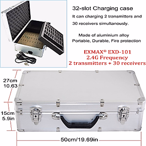EXMAX EXD-101 2.4G Wireless Tour Guide Monitoring Voice Audio Transmission System + Aluminium Alloy Charge Case for Meeting Church Travel Simultaneous Interpretation - 2 Transmitters & 30 Receivers