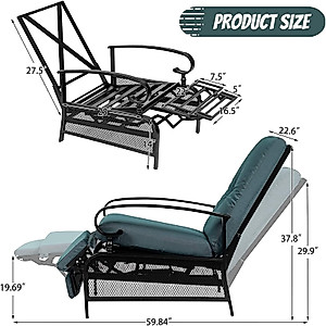 Crownland Outdoor Patio Furniture Adjustable Reclining Lounge Chair Set, Patio Black Metal Recliner with Peacock Blue Removable Cushion (2 Pieces)