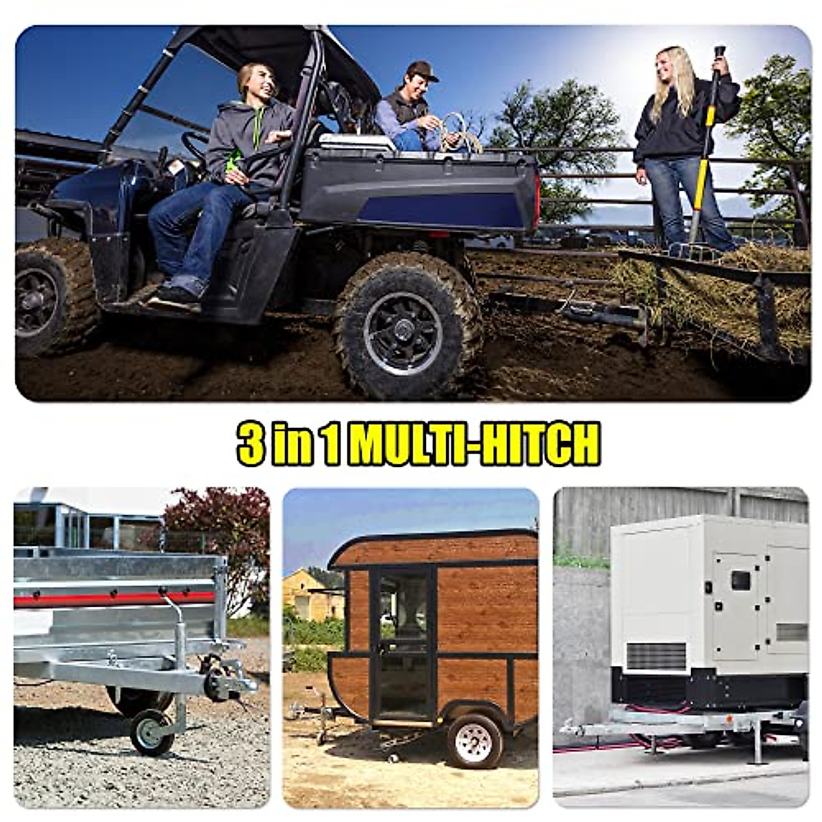 SKYMIRO 1-1/4" Solid Shank 3 in 1 ATV UTV Multi Hitch Mount with 2 inch Ball Hitch (Rated 2000 LBS), Winch Strap Loop (Rated 5000 LBS), ⅝ Pin Hole for Yard Work Equipment & Utility Trailers