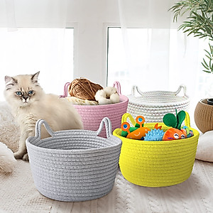 Cafshion Small Toy Basket with Cat Ears, Cute Basket Toy Organizer with Handles Woven Cotton Rope Basket Decorative Basket Nursery Bins & Boxes Gift Basket Empty for Baby Pet Toy Storage