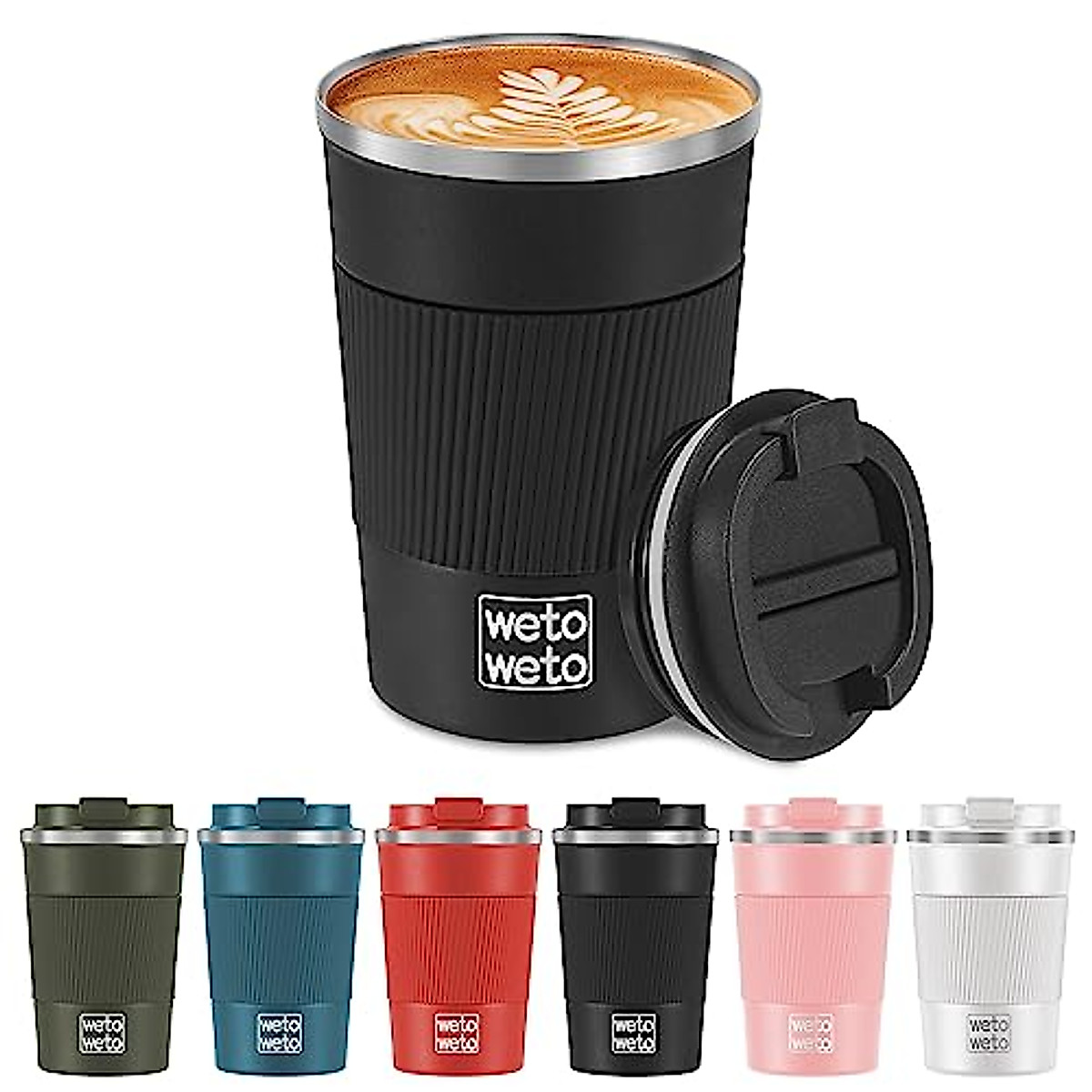 WETOWETO 12oz Coffee Cup, Insulated Travel Coffee Mug, Stainless Steel Coffee Tumbler, Spill Proof Coffee Mug with Lid, Portable Thermal Mug, Reusable Travel Coffee Cup for Hot and Cold(Black)