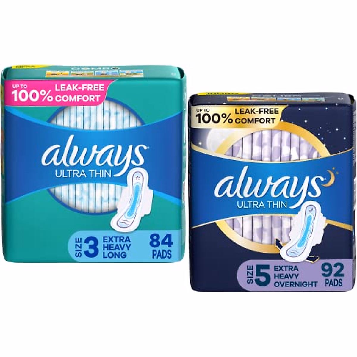 Always Ultra Thin Feminine Pads for Women Day/Night Bundle - Size 3, Extra Heavy Long Absorbency, 84 Count and Size 5, Extra Heavy Overnight Absorbency, 92ct (176 Total Pads)