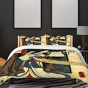 Traditional Japanese Woodblock Print of Actor Illustration Soft Duvet Cover Queen, 3Pcs Neutral Duvet Cover Decoration with 2 Pillowcases Queen(90"X90")