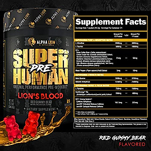ALPHA LION Pre Workout Powder, Beta Alanine, L-Taurine & Tri-Source Caffeine for Sustained Energy & Focus, Nitric Oxide & Citrulline for Pump (21 Servings, Lion's Blood Flavor)