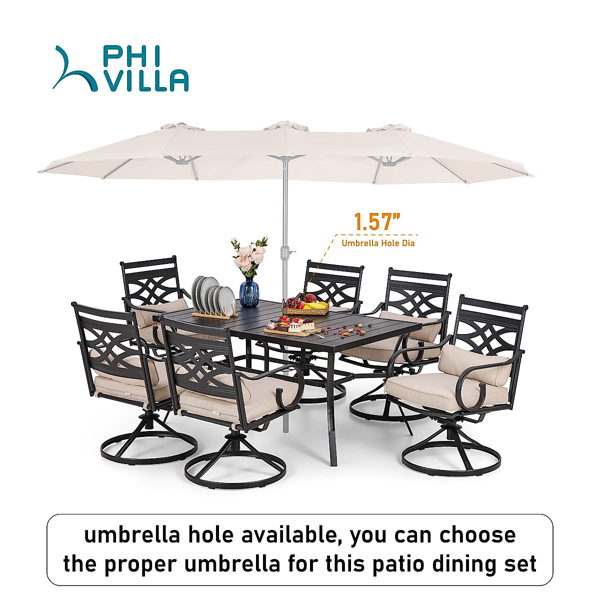 PHI VILLA 7 Pcs Patio Dining Sets,Outdoor Table Chair Set for 6 with Outdoor Swivel Chairs and Metal Frame Steel Rectangular Table,Outdoor Dining Furniture with Cushion and Pillow for Garden Lawn Deck