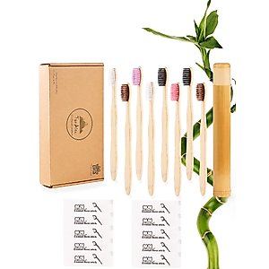 TanAisu Bamboo Toothbrushes with 10 Floss Picks, Travel Case - Biodegradable Toothbrushes (2 Brown, 2 Black, 2 White, 1 Purple, 1 Fuchsia) & Dental Floss Picks| Cover