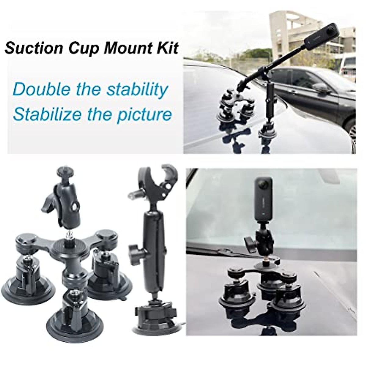 Fotoleey Suction Car Mount for Insta360 x3, x2, One RS Compatible with GoPro Hero 11, Hero 10, Hero 9, Max —Camera Triple Suction Mount Kit for Action Cameras (Stick is Not Included)