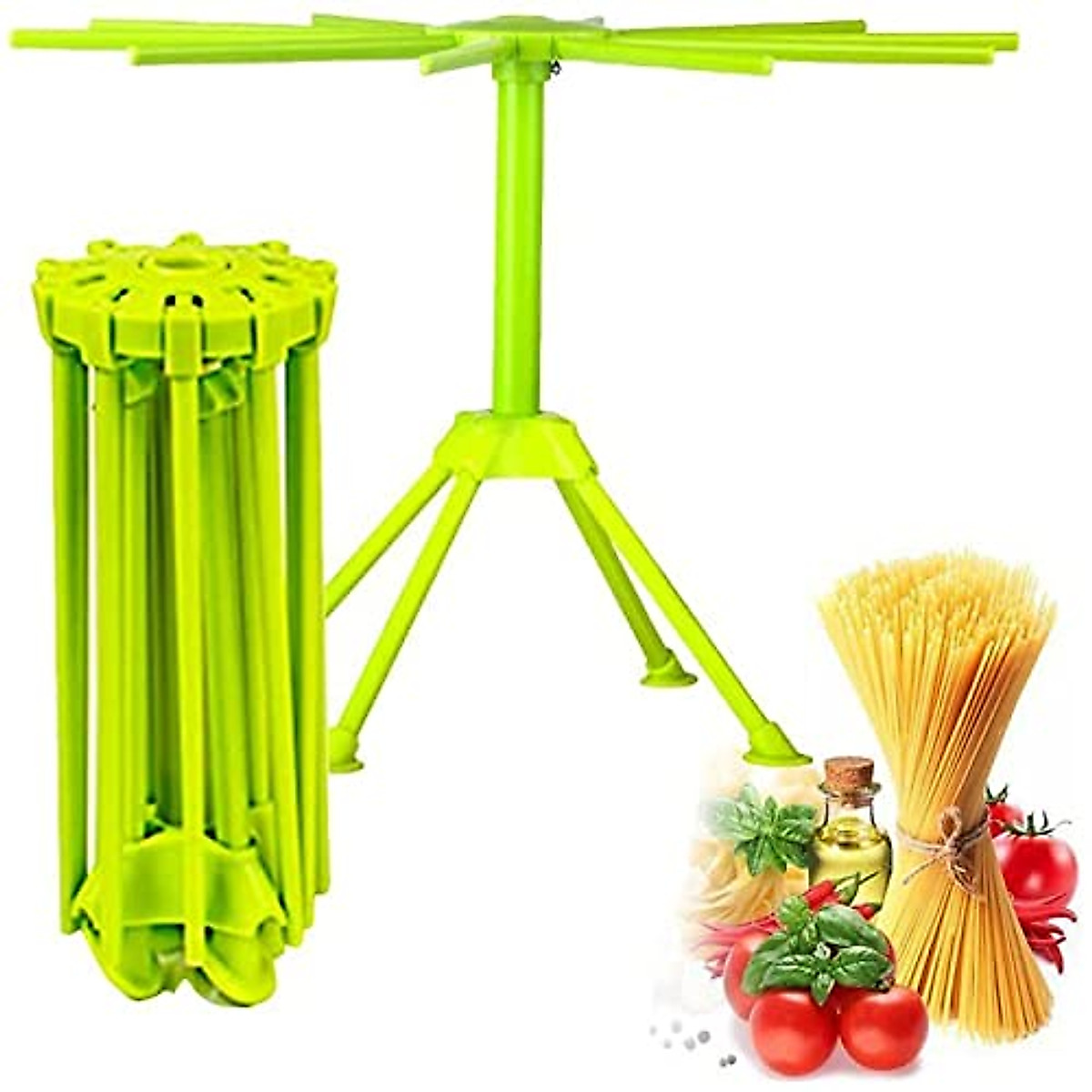 Kitchen Pasta Drying Rack Folding, iPstyle Spaghetti Drying Rack Noodle Stand with 10 Bar Handles Green (Drying Rack)