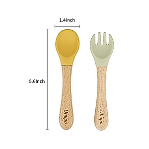 Baby Self Feeding All Natural Beech Wood Fork and Spoon Set - BPA Free, Toddler Tableware, Suitable For Stage 1 Babies - Soft Curved Food Grade Silicone Head, Gum Friendly Training (PINK)
