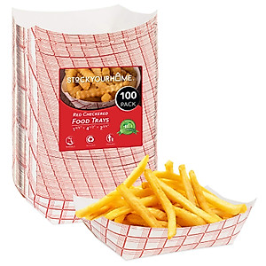 Medium Paper Food Boats (100 Pack) 2 Lb Disposable Red & White Checkered Paper Food Trays, Eco Friendly Paper Food Trays, Serving Boats for Concession Food & Condiments, Paper Nacho Trays 4.5" x 2.75"