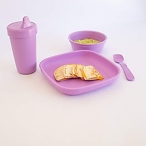 Re-Play -Made in USA - 5 Piece Toddler Feeding Set Flat Plate, Silicone Storage Lid, Utensils - Made from Environmentally Friendly Recycled Milk Jugs - Purple