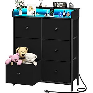 Yoobure Dresser for Bedroom with Charging Station, 6-Drawer Chest Furniture with LED Lights, Fabric Dressers & Chests of Drawers, Storage Tower Organizer Unit for Kids Room Closet Living Room Hallway