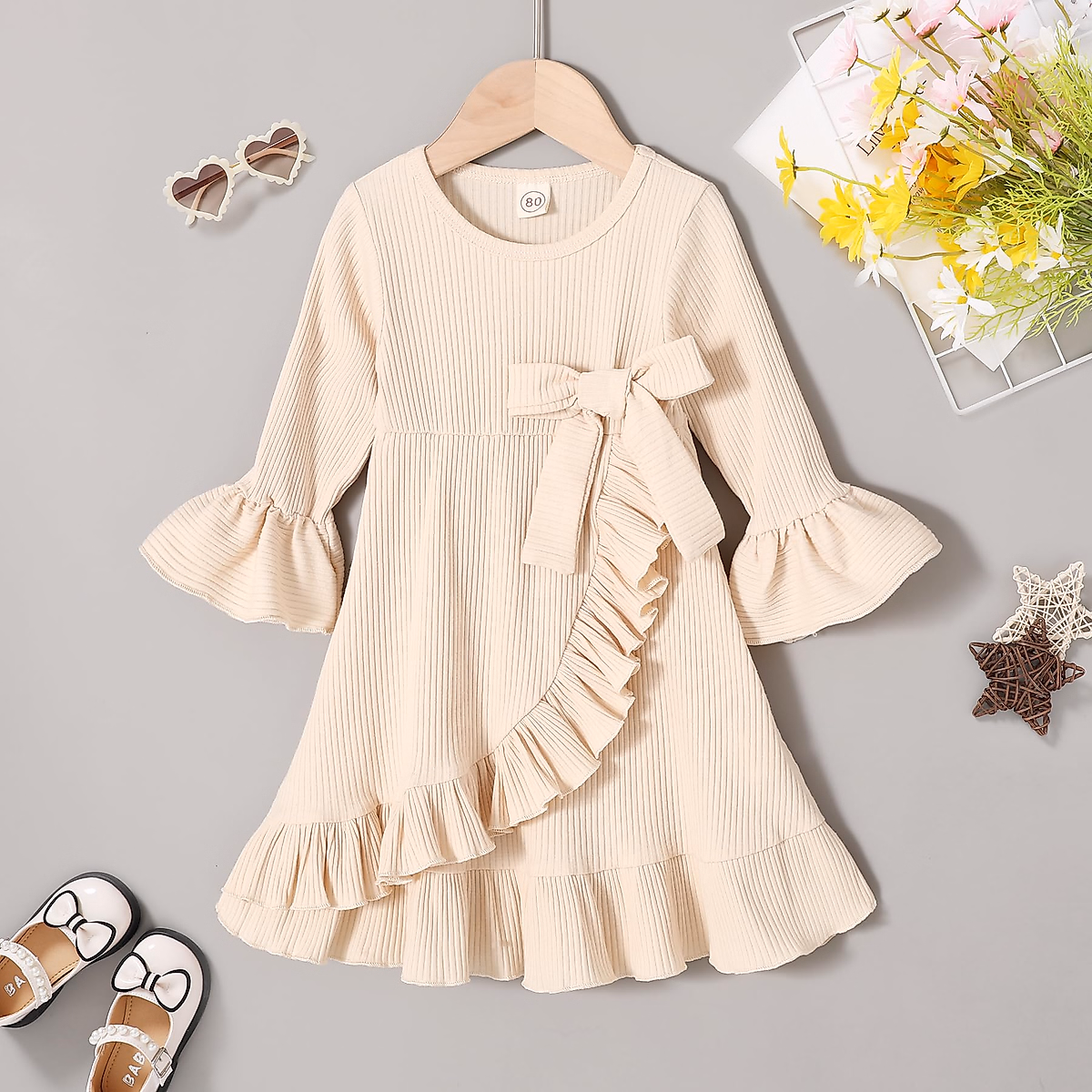 YOUNGER TREE Toddler Baby Girls Fall Clothing Solid Cotton Pit Irregular Skirt Winter Dress Long Sleeve Skirt Outfits(Ruffle-Beige, 2-3T)