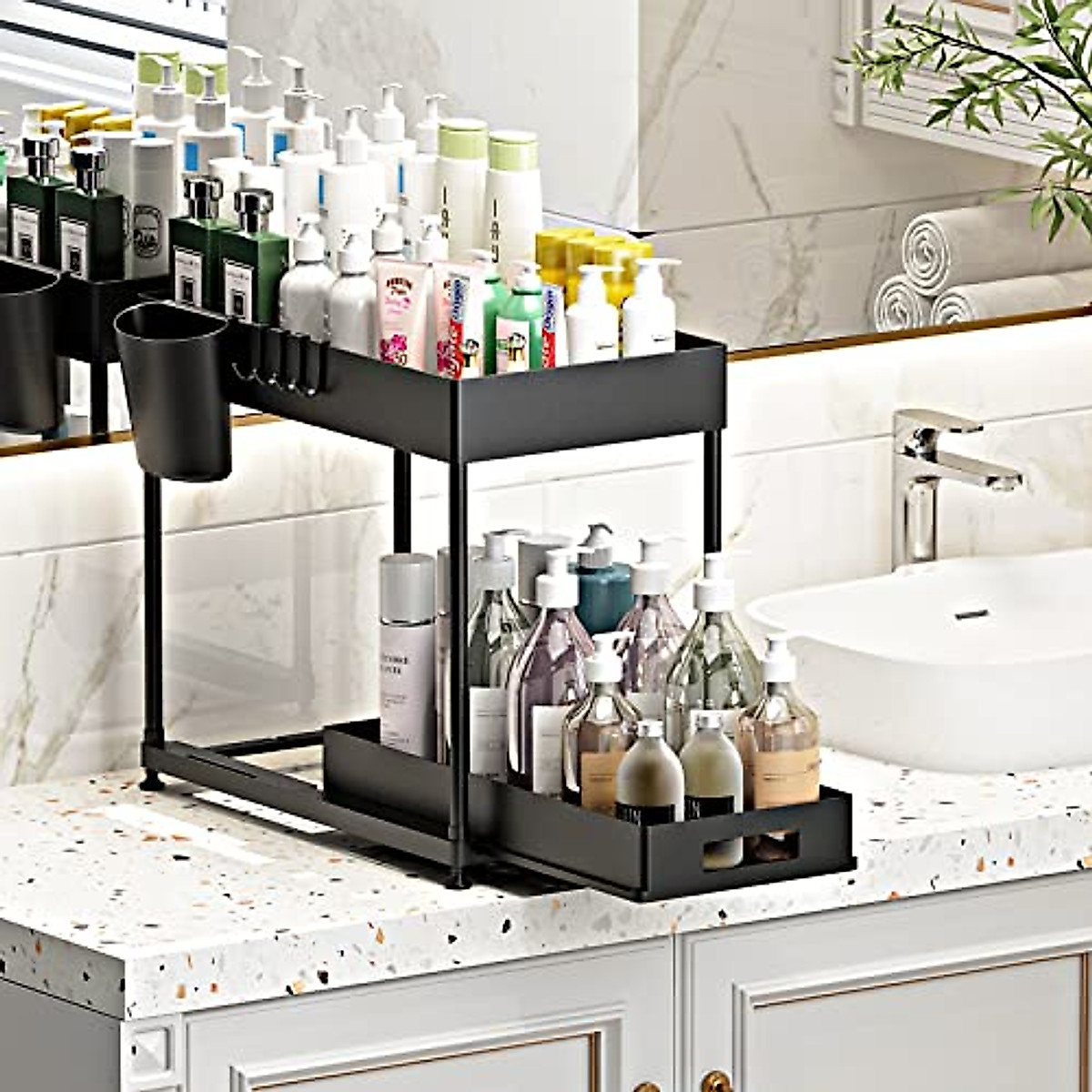 NYYTGE Under Sink Organizer Under Bathroom Cabinet Storage 2 Tier Storage Rack with 4 Hooks, Under Cabinet Organizer Baskets, Multi-purpose Under Sink Shelf Organizer for Bathroom Kitchen