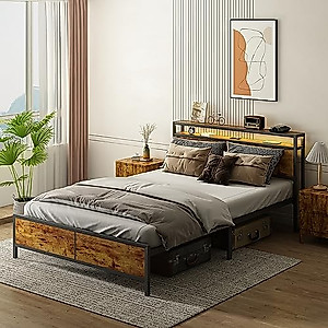 HoldoLife Queen Size Bed Frame with LED Lights and 2 USB Ports, Industrial Platform Bed with Storage Headboard, Non-Slip Noise Free Bed Frame, Rustic Brown, Easy Assembly (Queen)