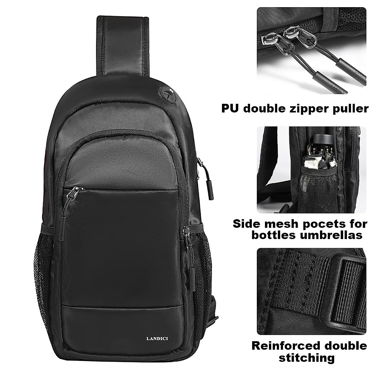 LANDICI Sling Bag Crossbody Backpack for Men, Waterproof Small Cross Body Shoulder Bag Chest Bag for Travel Hiking, Black