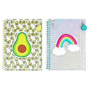 Yoobi College-Ruled Spiral Notebooks with Pencil Zipper Pouches | Fun Green Avacado Print | Cute Rainbow Glitter | 2-Pack | 60 Sheets, Multicolor