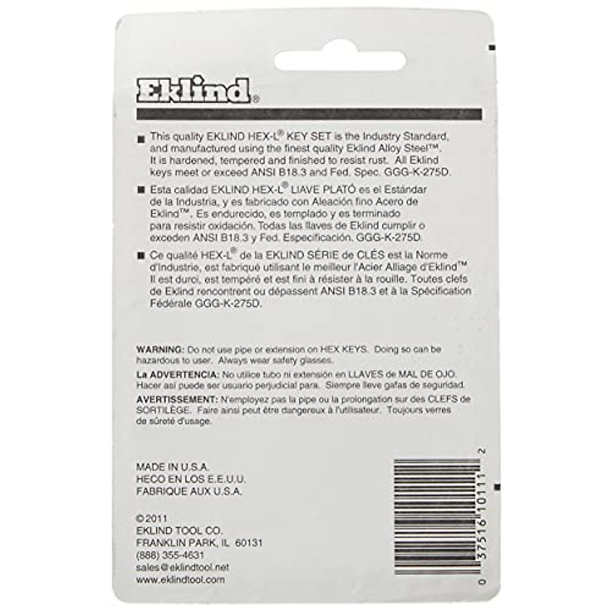 EKLIND 10111 Hex-L Key allen wrench - 11pc set SAE Inch Sizes .050-1/4 Short series