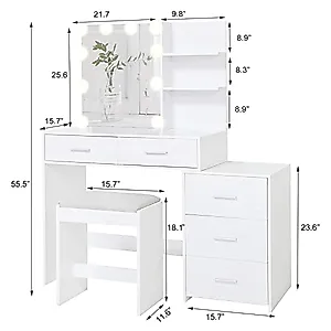 usikey 43.5in Large Vanity Desk with Mirror and 10 LED Lights, Makeup Vanity Table with Lights and 5 Drawers, White Vanity Table Vanity Set with Storage Shelves and Stool for Women Girls, White