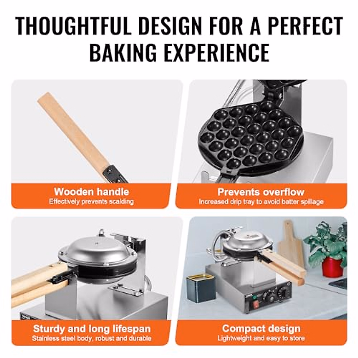 VEVOR Commercial Bubble Waffle Maker, 1400W Egg Pancake Baker Machine, Non-Stick Stainless Steel Egg Bubble Puff, 180° Rotatable, Temp and Time Control, Wooden Handle, for Restaurant Bakery Snack Bar