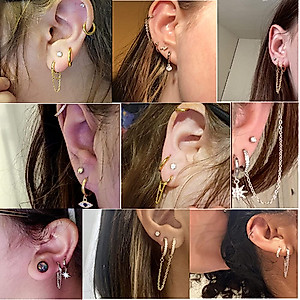 IRONBOX Earrings Set with 14K Gold Plated Huggie Hoop Studs (12Pairs) for Women Small Dainty Minimalist Chain Earrings Cartilage CZ Ball for Multiple Piercing