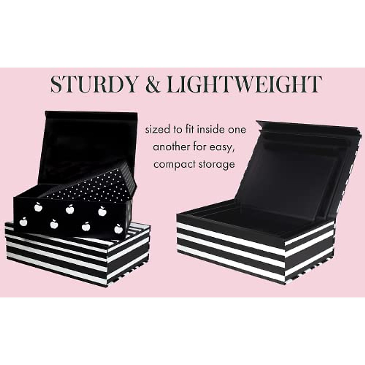 Kate Spade New York Black Decorative Storage Boxes with Lids, 3 Pack Sturdy Organizer Storage Bins, Includes Small Medium Large Pink Nesting Boxes with Magnetic Closure, Dots and Stripes