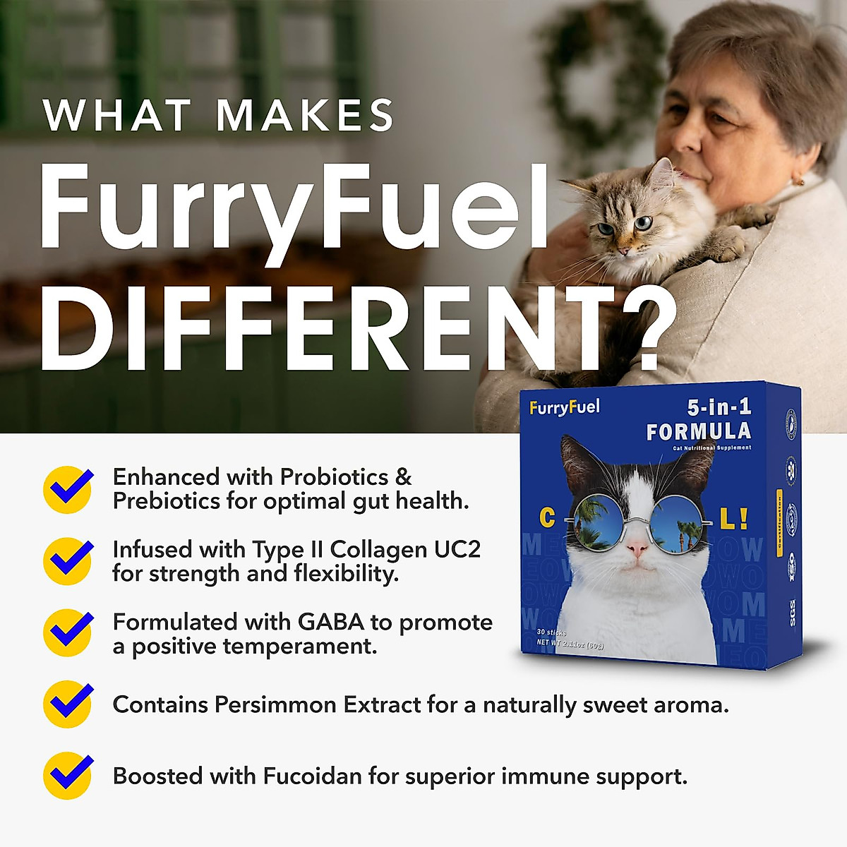 FurryFuel 5-in-1 Cat Probiotic Powder Supplement, Vet-Formulated Probiotics + Prebiotics, 5 Billion CFUs for Digestive Support & Health | Cat Vitamins, Nutritions 30 Sticks (Chicken, No Corn or Wheat)