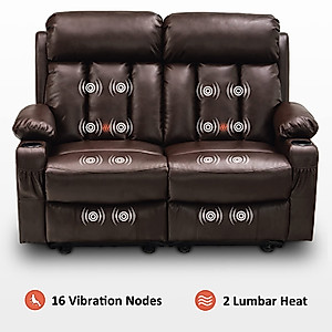 MCombo Power Loveseat Recliner, Electric Reclining Loveseat Sofa with Heat and Vibration, Cup Holders, USB Charge Port for Living Room 6075 Faux Leather (Loveseat Recliner, Dark Brown)