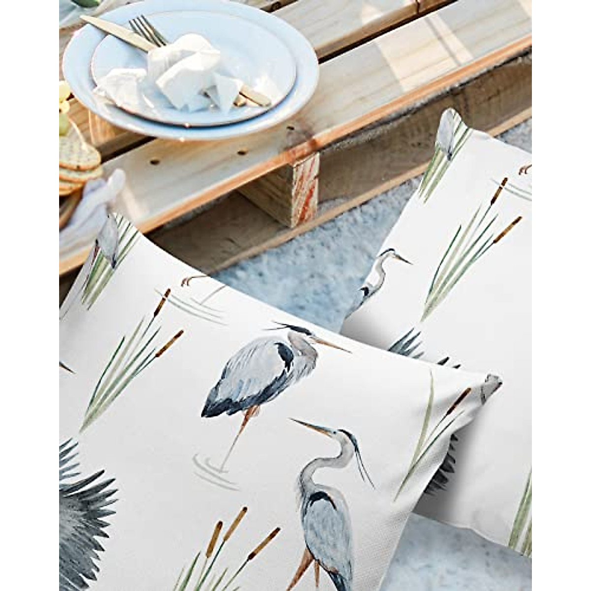 Vandarllin Outdoor Throw Pillows Covers 16X16 Set of 2 Waterproof Heron Wildlife Decorative Zippered Lumbar Cushion Covers for Patio Furniture, Birds in The Water Reeds