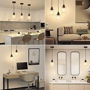 Licperron 3 Pack Hanging Pendant Lighting Fixtures, Adjustable Black Hanging Ceiling Lamp with Clear Glass Shade, Modern Pendant Light for Kitchen Island, Dining Room, Bedroom, Hallway