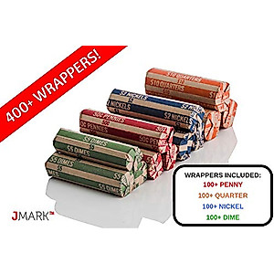 J Mark 400 Neatly-Packed Flat Coin Roll Wrappers Assorted, Made in USA, (Quarters, Dimes, Nickels, Pennies), ABA Striped Kraft Paper Coin Rolls Wrappers, Includes J Mark Deposit Slip