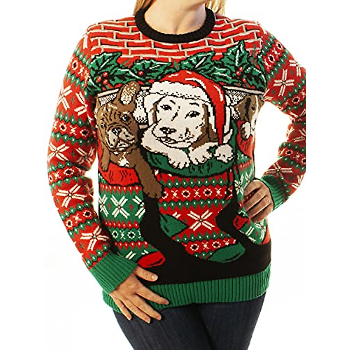 Ugly Christmas Party Sweater Men's- Unisex Dogs/Puppies Stocking Stuffers-Large Puppies in Stocking Red