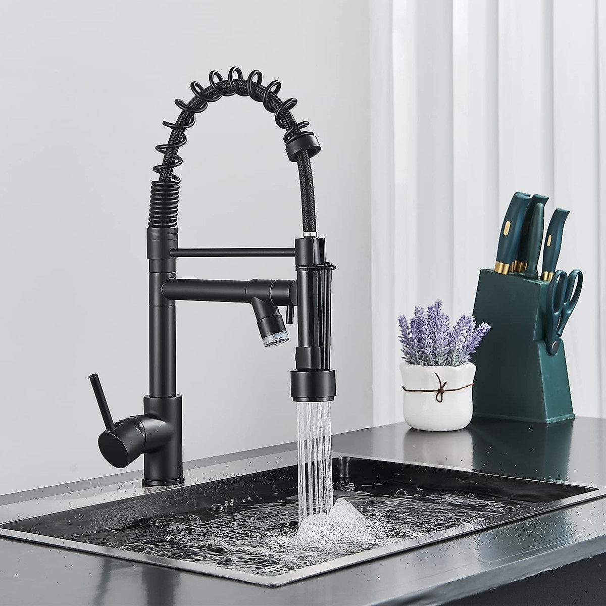 NeierThodore Kitchen Faucet with LED,Stainless Steel Single Handle Single Hole Kitchen Sink Faucet with Pull Down Sprayer,Spring Matte Black Kitchen Faucets