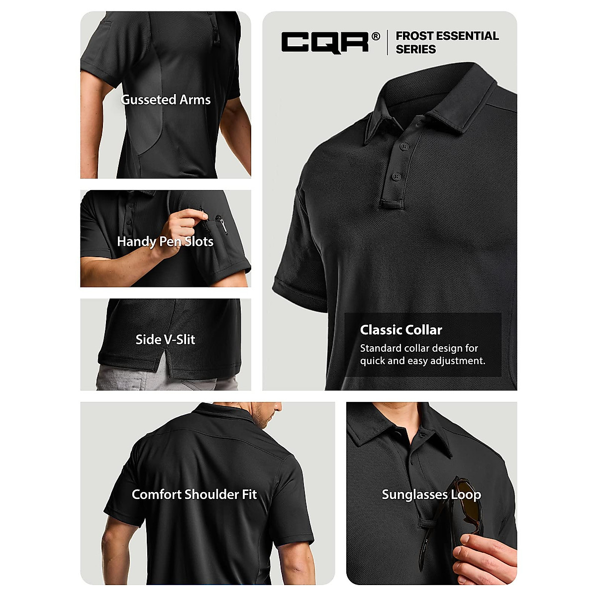 CQR Men's Polo Shirts, Tactical Short Sleeve Golf Performance Shirts, Lightweight Dry Fit UPF 50+ Pique, Frost Essential Black, Medium