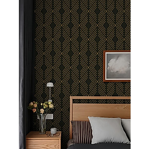 LiKiLiKi Geometric Peel and Stick Wallpaper Black and Gold Wallpaper Modern Contact Paper Boho Removable Self-Adhesive Decorative Wallpaper for Cabinets Bathroom Bedroom Kitchen Vinyl Roll 17.3”x118”