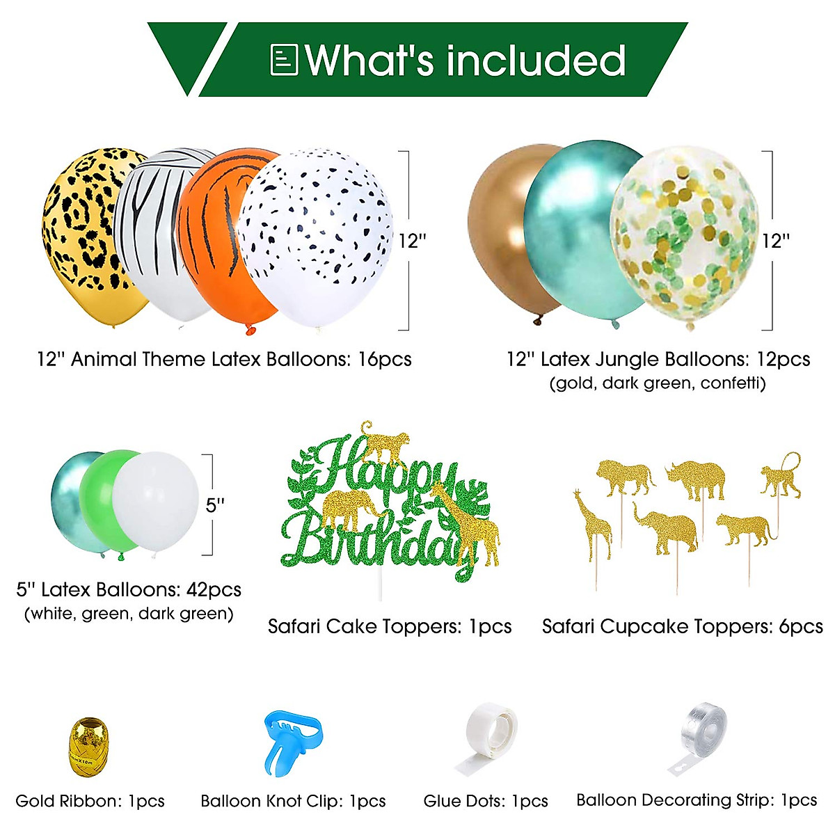 NAIWOXI Safari Birthday Decorations 90PcsSet Jungle Theme Party Supplies Set Including Animal Foil Balloons, Foil Curtains, Cake Toppers, Banner, Jungle Balloon Garland Kit, Safari Baby Shower