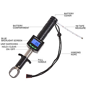 25kg/55lb Muti-Function 3-in-1 Fish Lip Fish Lip Grabber with Digital Weight Scale & 1m Tape Measure for Fly Fishing Tool, Fishing Gear, Fishing Gifts for Men