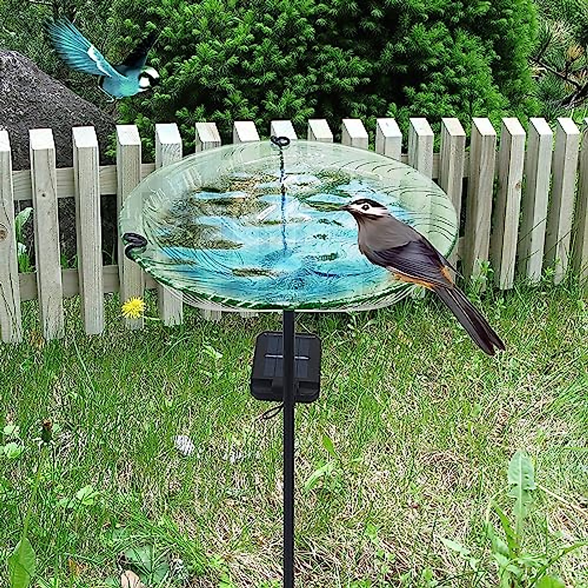 SUBOLO Bird Bath for Outdoors Solar Powered Glass Bird Bath Bowl with Metal Stake for Yard Lawn Garden Decorations, Transparent
