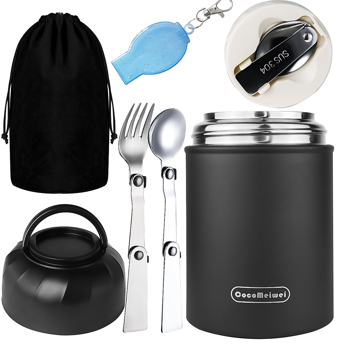 CocoMeiwei Thermo for Hot Food & Drinks, Thermo Lunch Box, 17oz Vacuum Insulated Food Container with Spoon&Drawstring Bag, Soup Thermo for Adults, Black