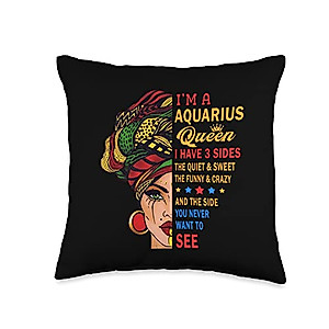 Black Zodiac Girls Birthday Black Women Gifts Aquarius Queens are Born in January 20-February 18 T-Shirt Throw Pillow, 16x16, Multicolor
