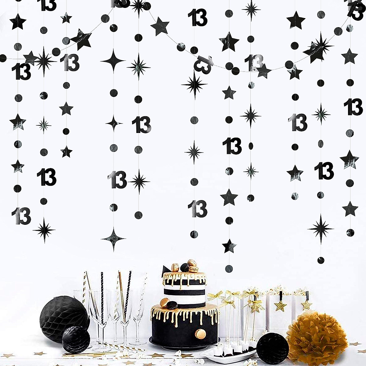 Black 13th Birthday Decorations Number 13 Circle Dot Twinkle Star Garland Metallic Hanging Streamer Bunting Banner Backdrop for Girls 13 Year Old Birthday Thirteen Official Teenager Party Supplies