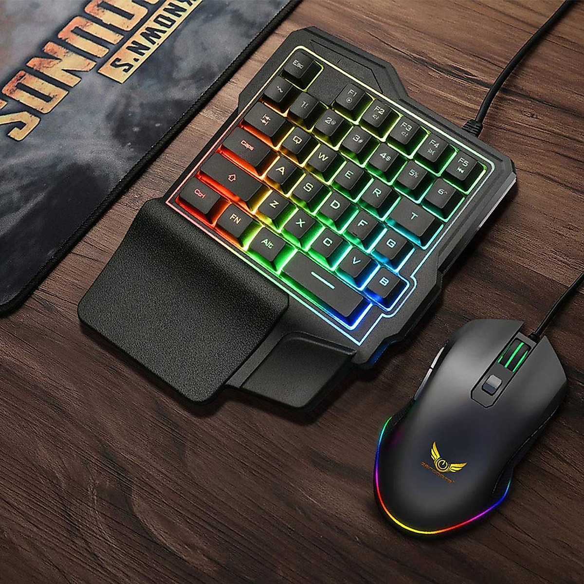 whdz USB Wired Mechanical Feeling Keyboard Mouse Set Ergonomic Single Hand Gaming Keyboard and Backlit Mouse Combo with Wrist Rest Support