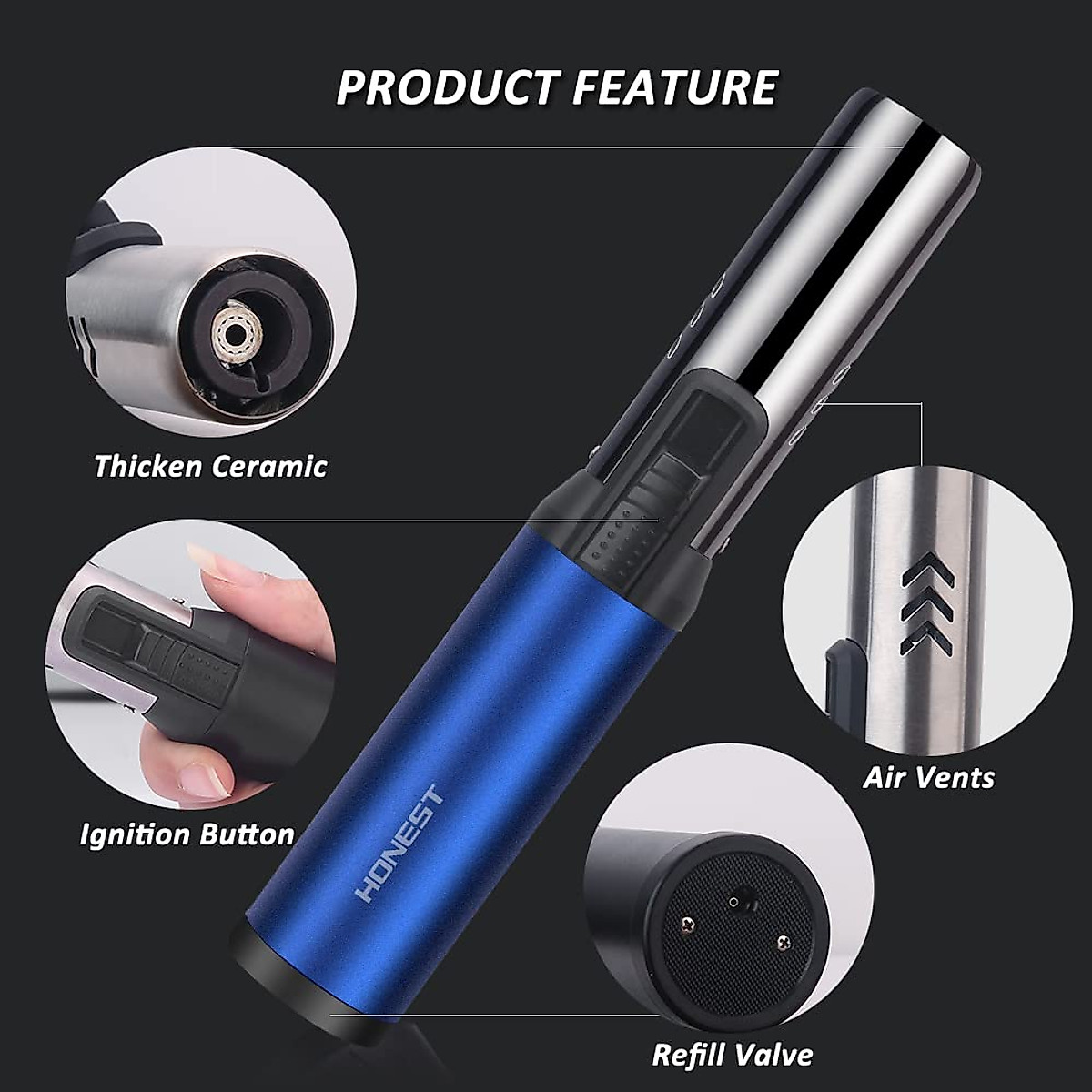 Blow Torch Lighter Outdoor Windproof Lighter Refillable Torch Lighter for cocktail smoker，toast, marshmallows, Creme Brulee, BBQ, and hookah coals (Checker A)