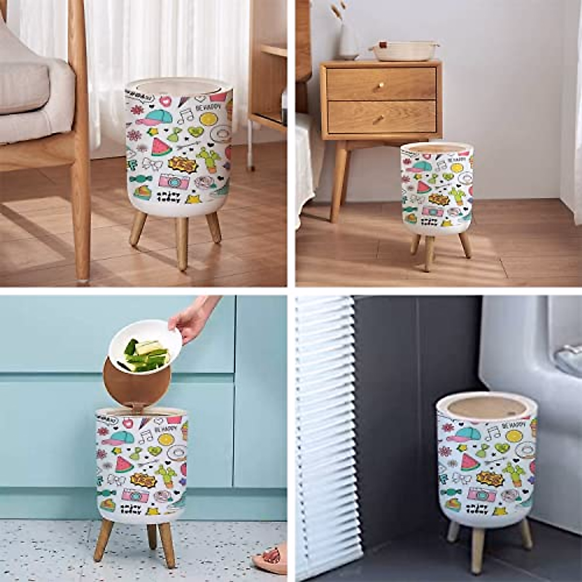 LGCZNWDFHTZ Small Trash Can with Lid for Bathroom Kitchen Office Diaper Cute Funny Doodles Seamless White Teenage Girls Bedroom Garbage Bin Dog Proof Waste Basket Decorative, 8.66x14.3inch