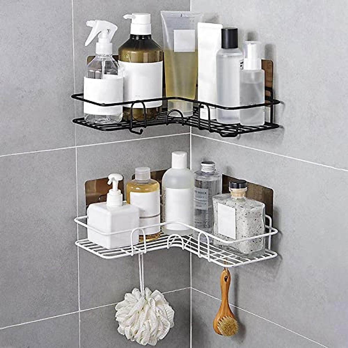 TRYSPUN Shower Bathroom Tripod Shelf No Drilling Traceless Bathroom Storage Organizer Self Adhesive Bathroom Storage Rack Kitchen Wall Hanging Storage (White)